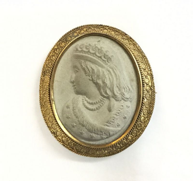 Antique Carved Lava Rock Queen Victoria Cameo Brooch