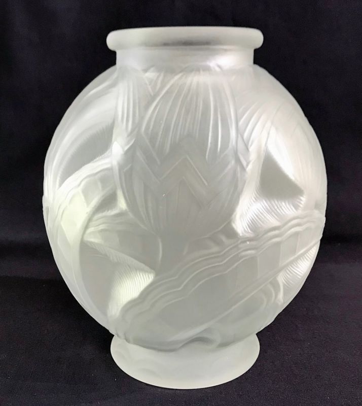Art Deco Satin Finish Glass Vase of Stylized Lotus Flowers | Cynthia ...