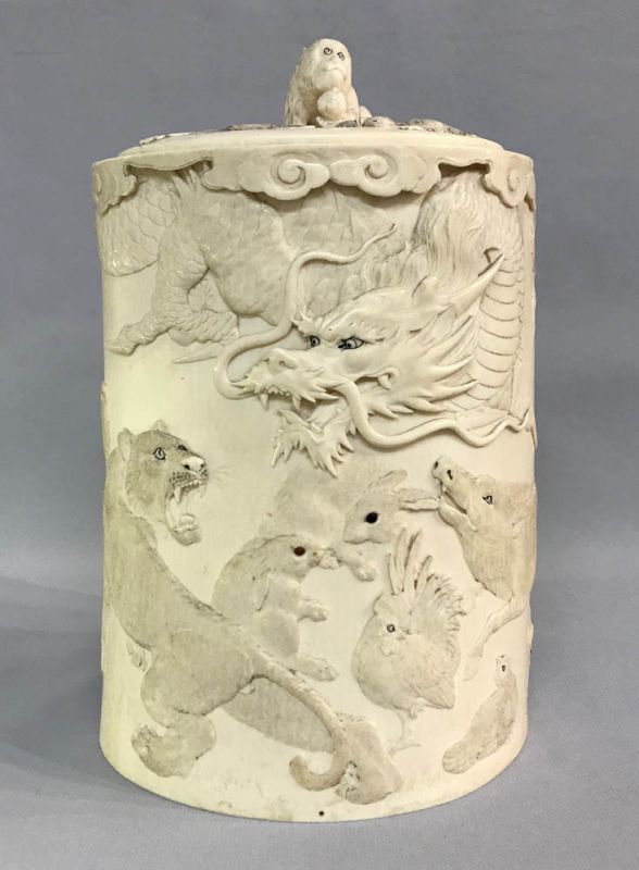 Meiji Period Ivory Tusk Depicting Zodiac Animals Carved In Relief ...