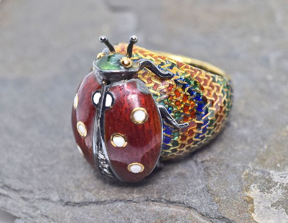 Vintage Diamond Multi Coloured Enamel Ladybug 18kt. Ring