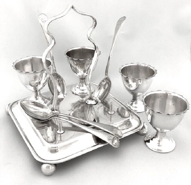 Edwardian Silver Plate Egg Stand With The Original Egg Cups And Spoons ...