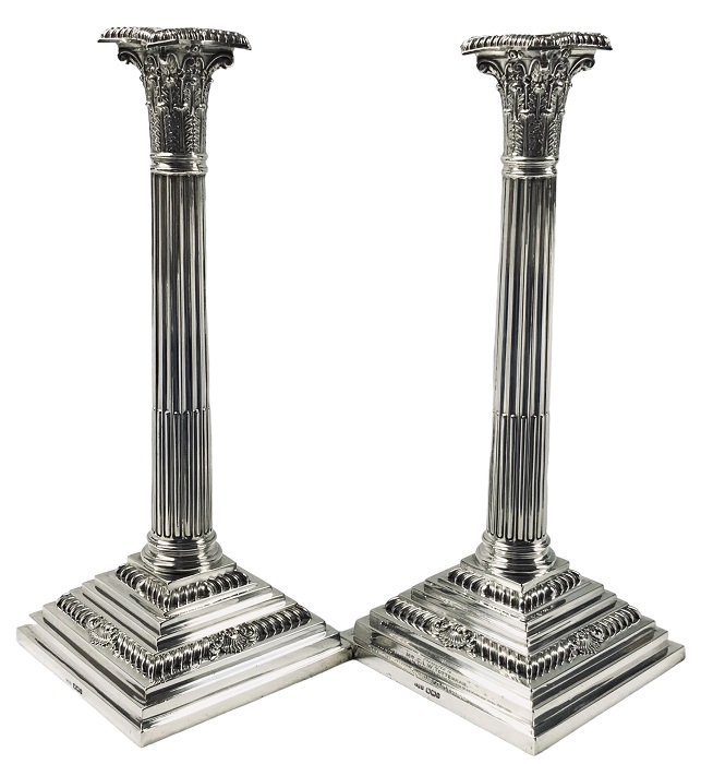 Sterling Silver Corinthian Column Candlesticks Dated 1900