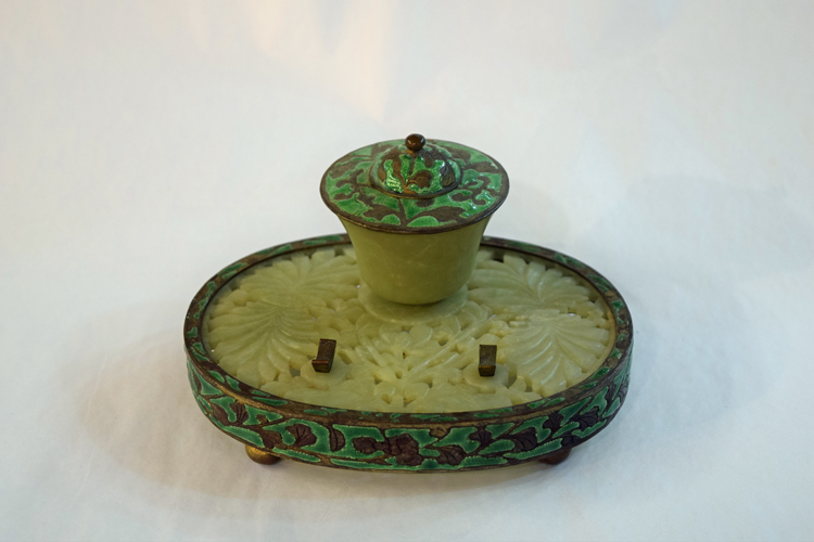 Vintage Carved Jade and Enamel Inkstand