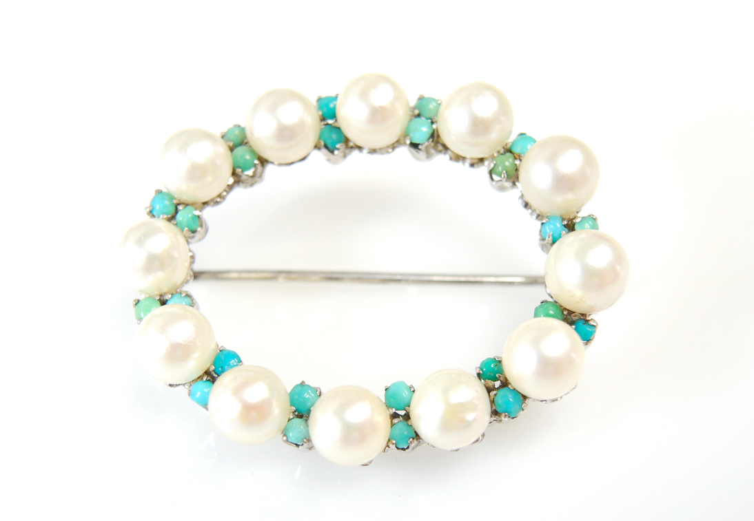 Vintage Cultured Pearl and Turquoise Brooch