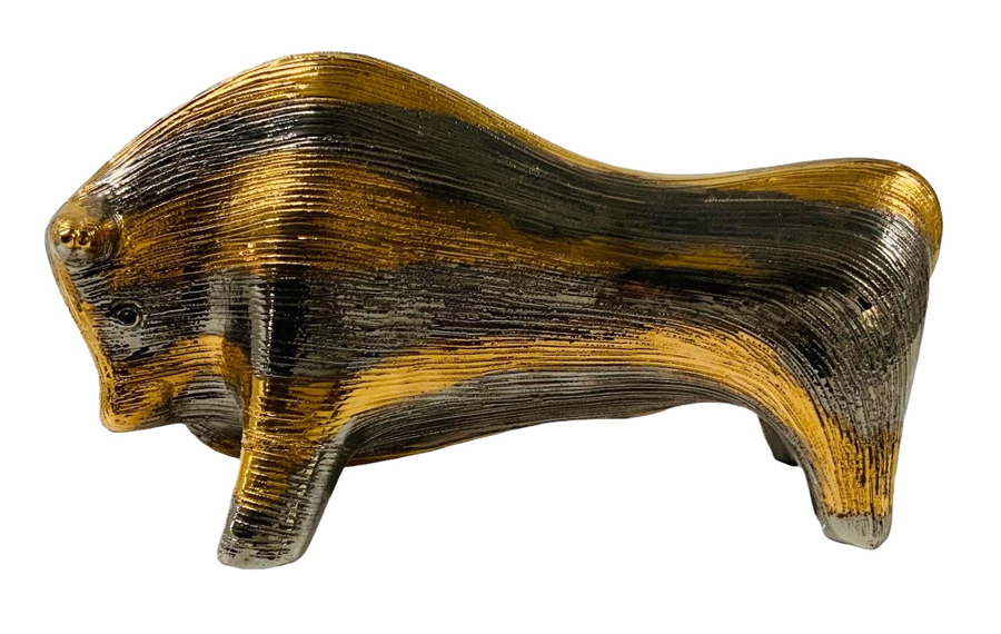 Vintage Brushed Silver and Gold Pottery Bull, Aldo Londi for Bitossi ...