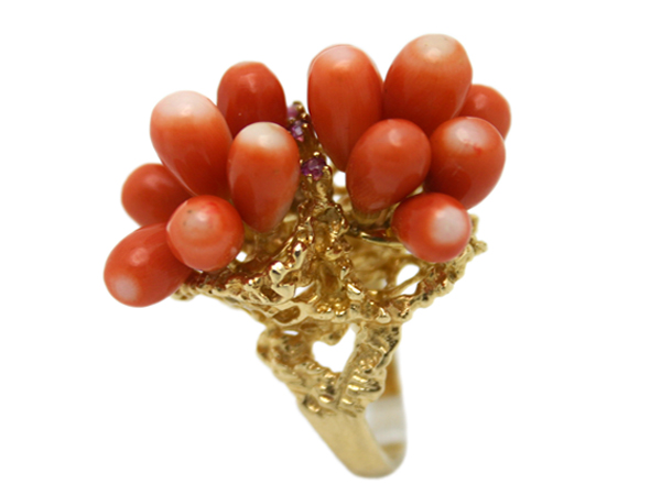 14 kt Yellow Gold Coral and Ruby Ring with Coral Reef Motif | Cynthia ...